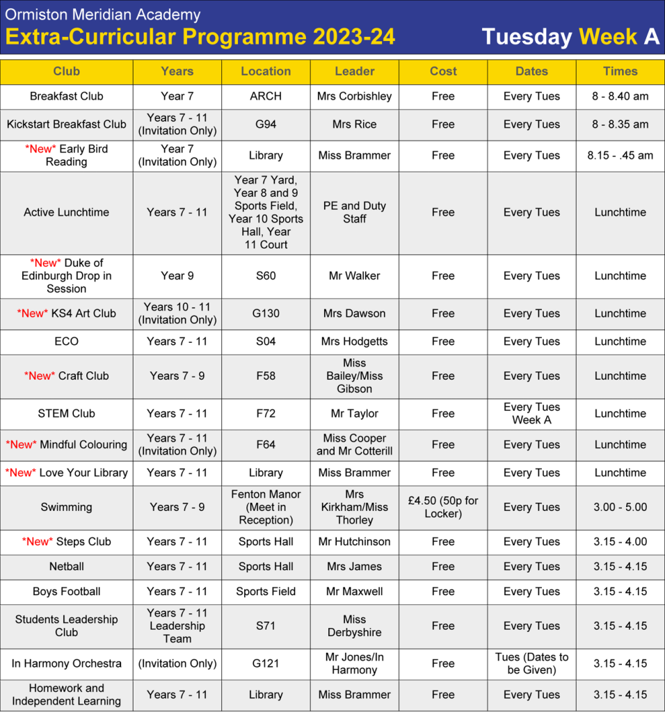 Ormiston Meridian Academy - School Clubs Week A